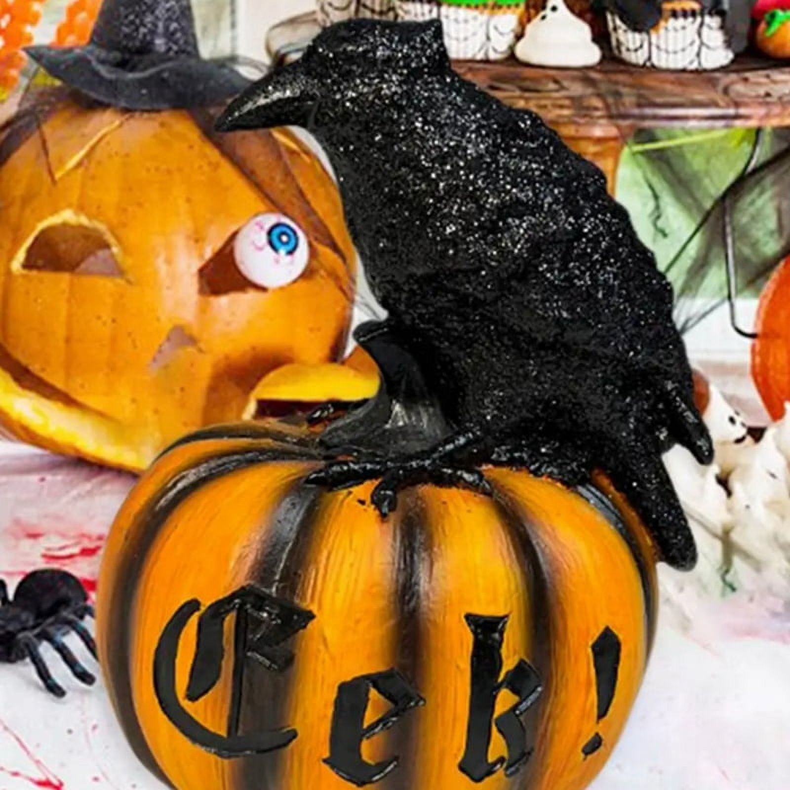 Halloween Crow Pumpkin Figurine Black Raven Pumpkin Resin Statue ...