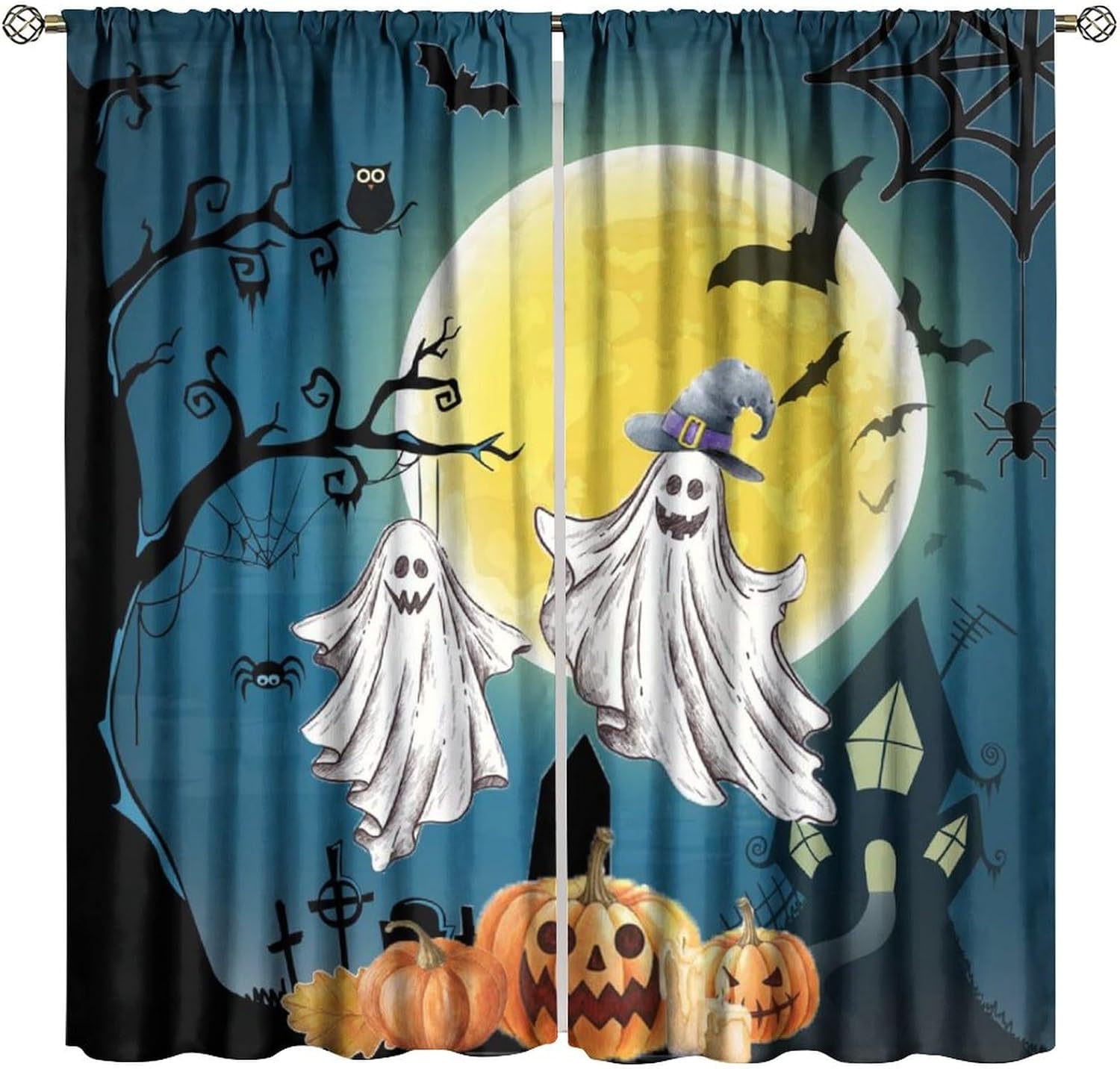 Halloween Curtain,Cute Ghost Moon Tree Castle Bat Pumpkin Owl Window ...