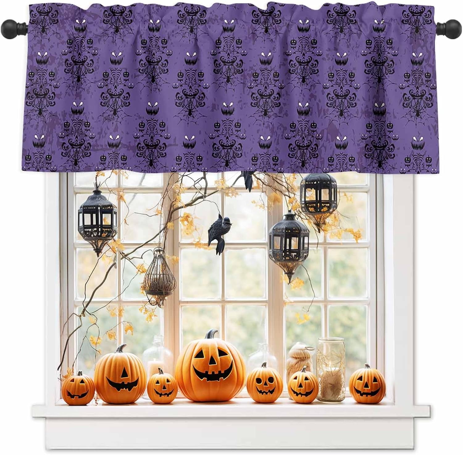 Halloween Curtain Valance for Windows Ghost Grimace Rod Pocket Valance ...