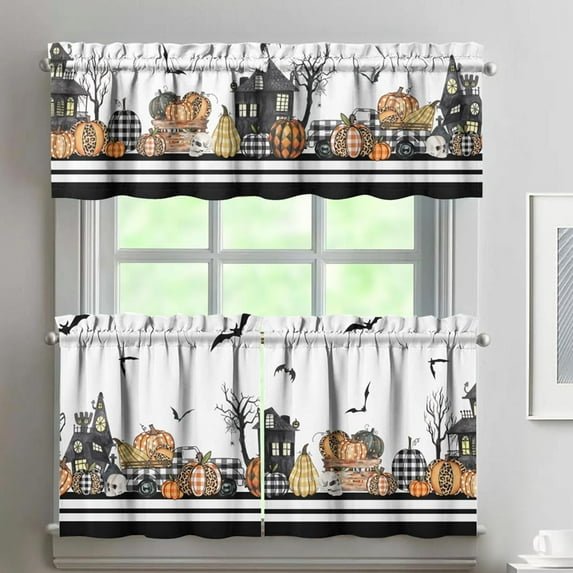 Halloween Curtains and Valances 3-Piece Set, Pumpkin Bat Skull Horror ...