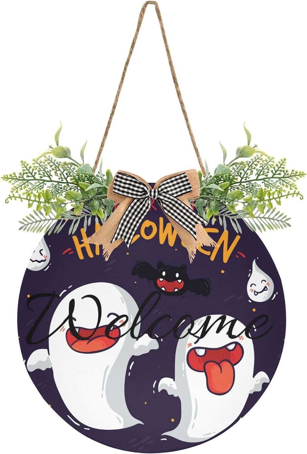 Halloween Cute Elf Ghost Welcome Sign Front Door Round Wall Door Sign ...