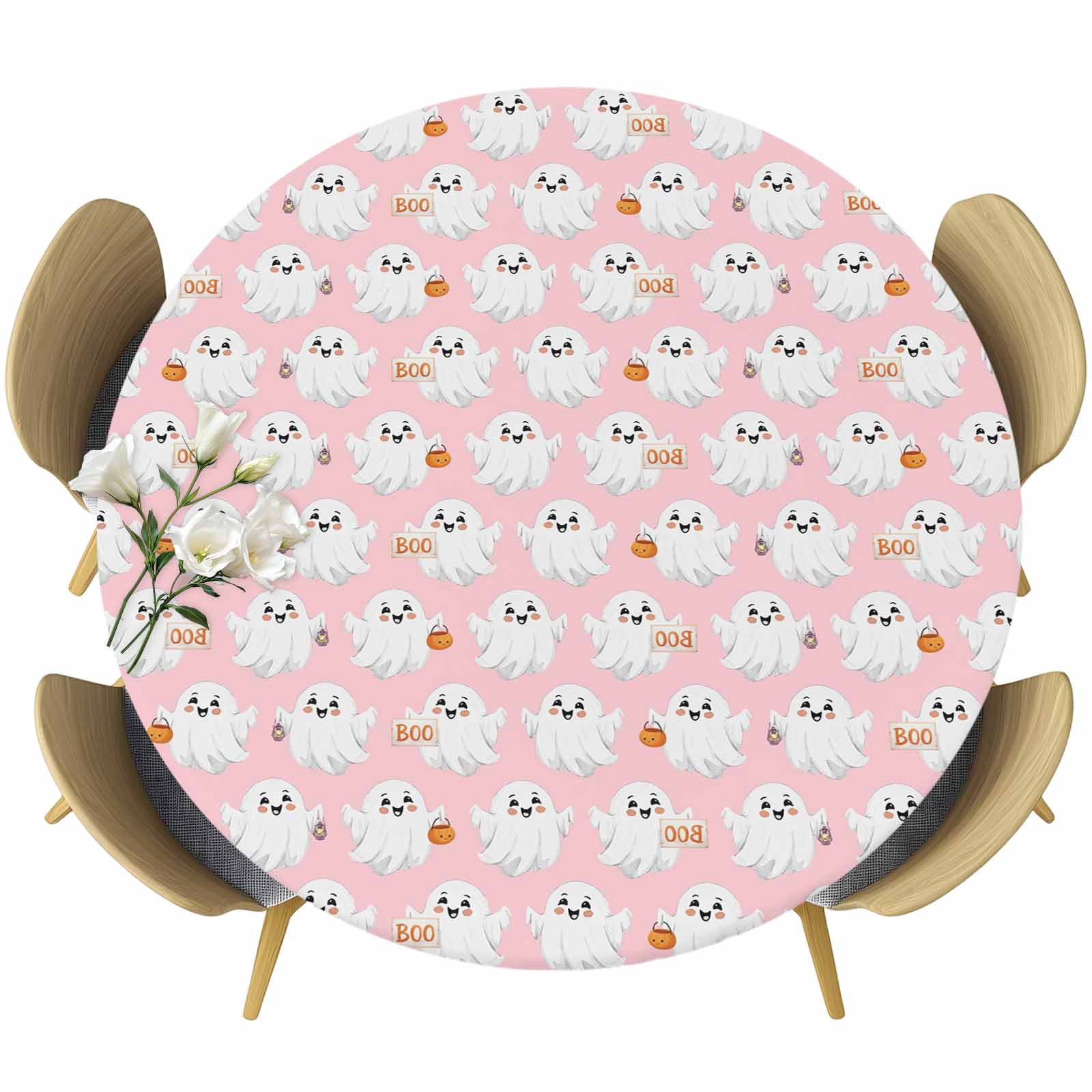 Halloween Cute Ghost Round Tablecloth, Fitted Table Cover with Elastic ...