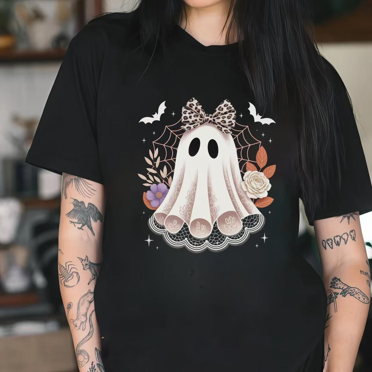 Halloween - Cute Graphic Tee, Tops Has Bold “Ghost - With - Bow & Lace Pattern” Design, Crew ...
