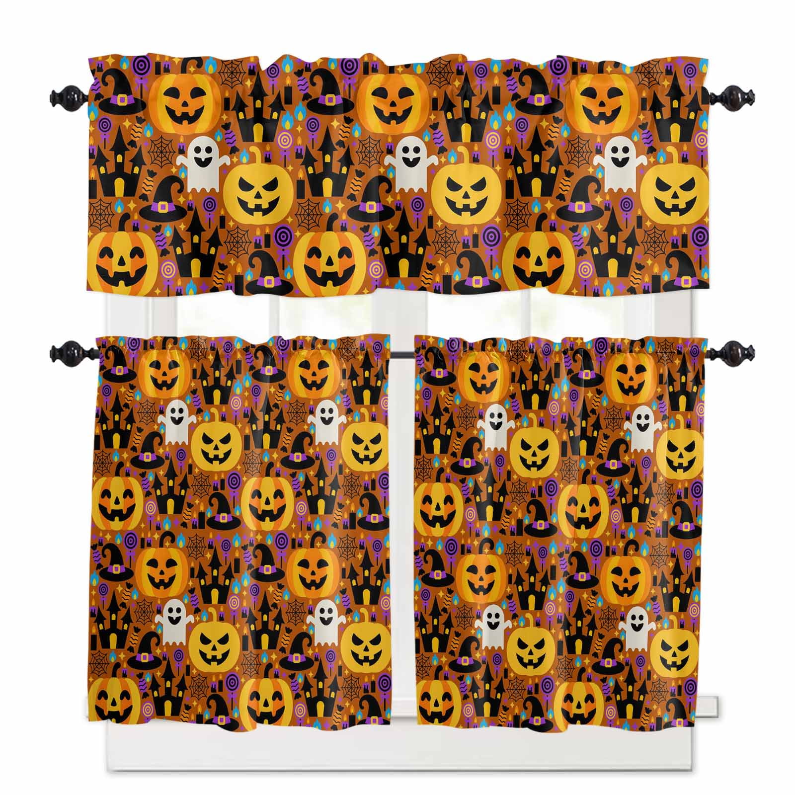 Halloween Cute Pumpkin Kitchen Curtains Valances and Tiers Ghost Hat ...