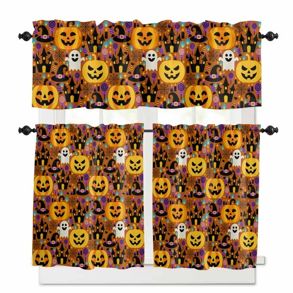 Halloween Cute Pumpkin Kitchen Curtains Valances and Tiers Ghost Hat ...