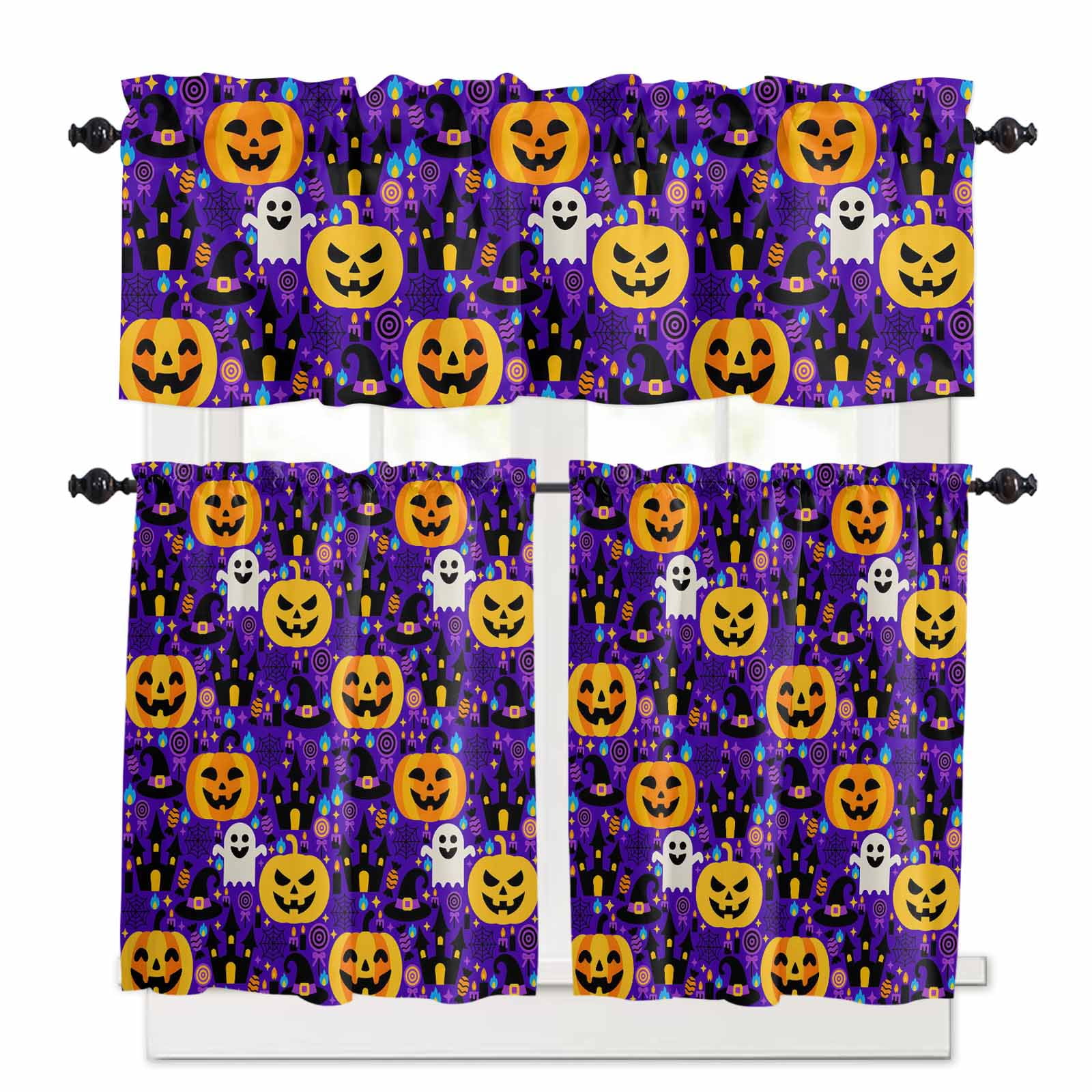 Halloween Cute Pumpkin Kitchen Curtains Valances and Tiers Ghost Hat ...