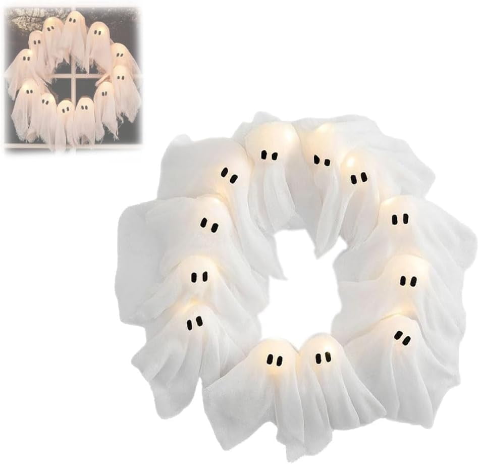 Halloween DIY Ghost Wreath, Halloween Light up Ghost Wreath with 12 LED ...