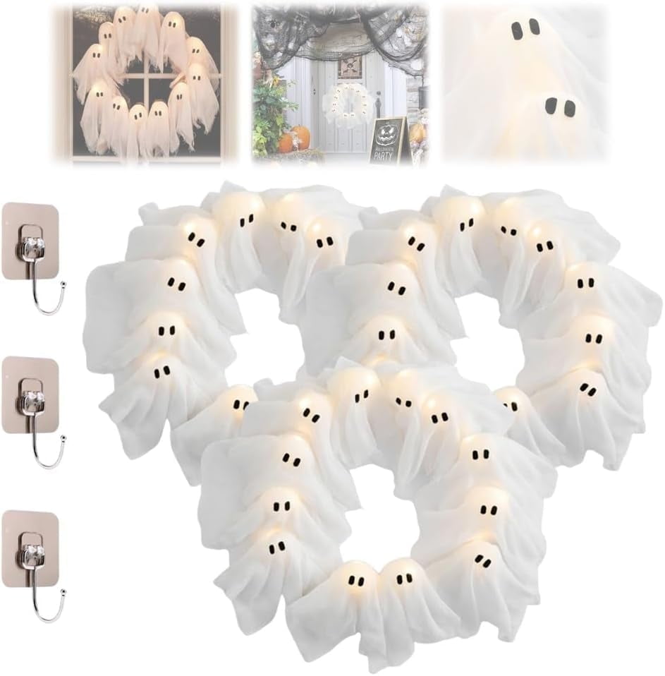 Halloween DIY Lit Ghosts Door Wreath, LED Light-Up White Ghost Garland ...