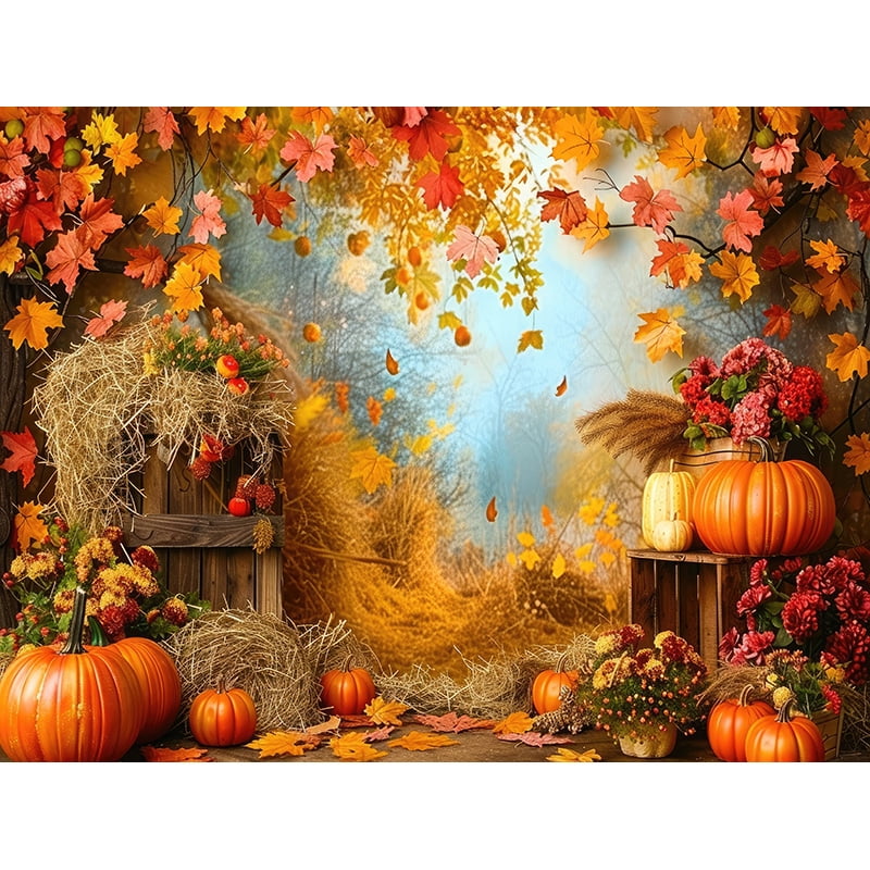 Halloween Day Theme Photography Backdrops Props Wagon Flowers Fall Scene With Pumpkin Patch Door ...