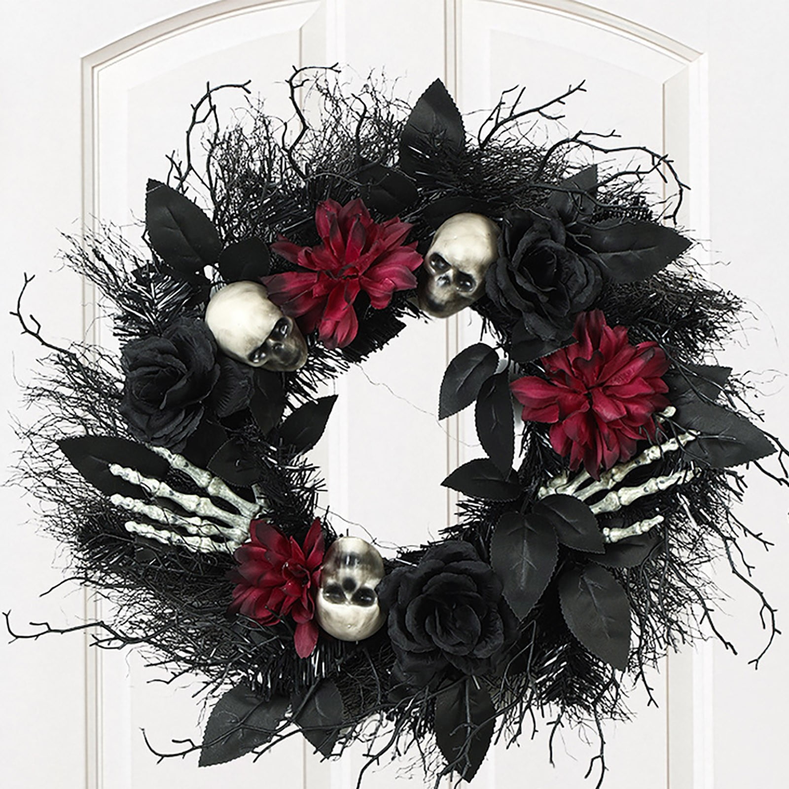 Halloween Dead Branch Roses & Skeleton Garland Wreath - Spooky Holiday ...