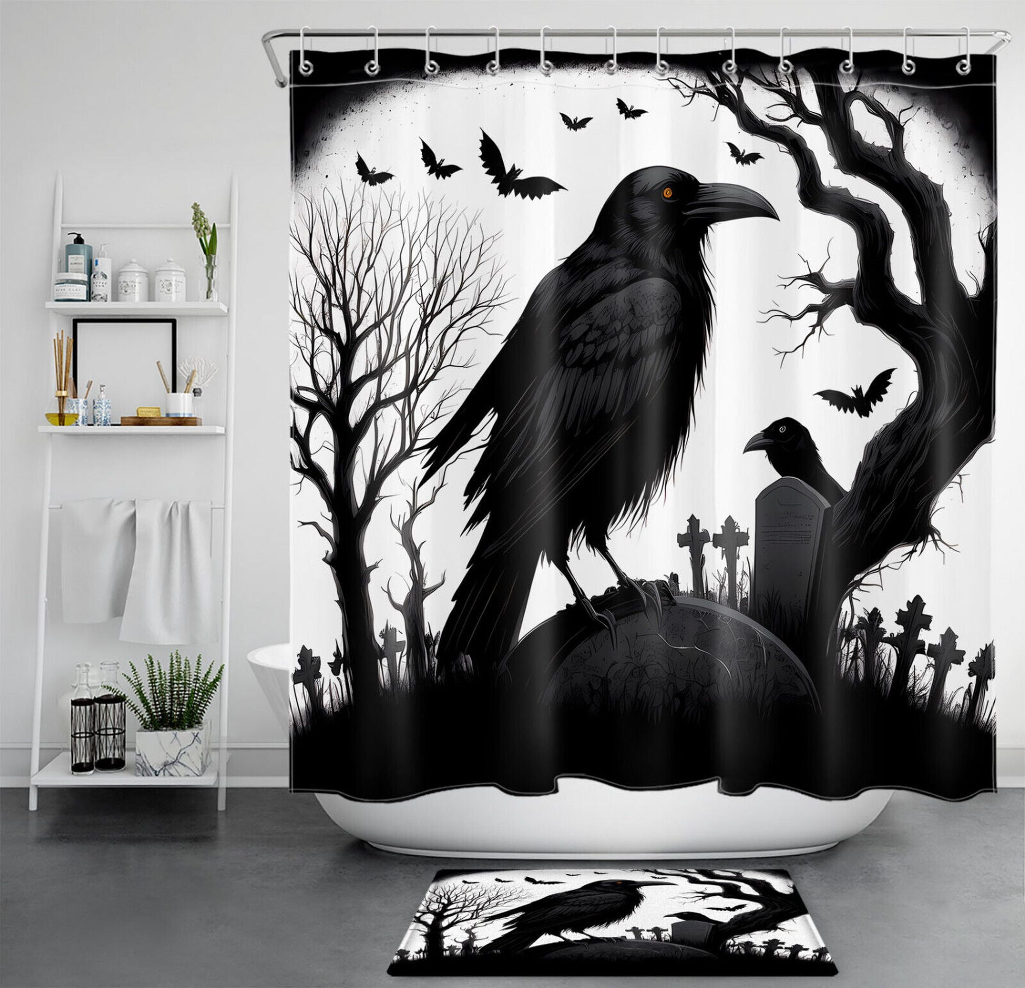 Halloween Dead Tree Spooky Crow Cemetery Shower Curtain Set For