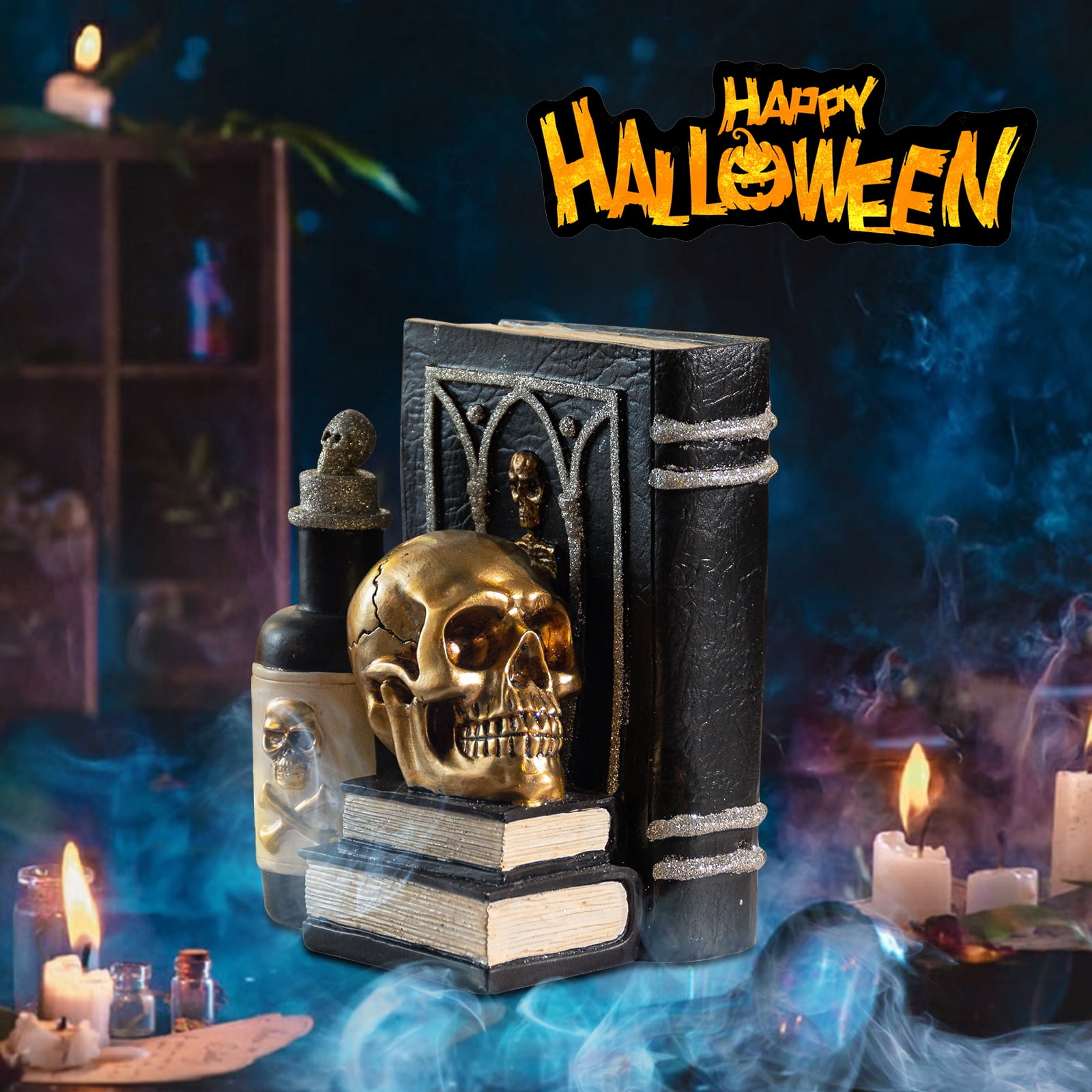Halloween Decor,Gothic Skull & Spellbook Decor: Resin Figurine for ...