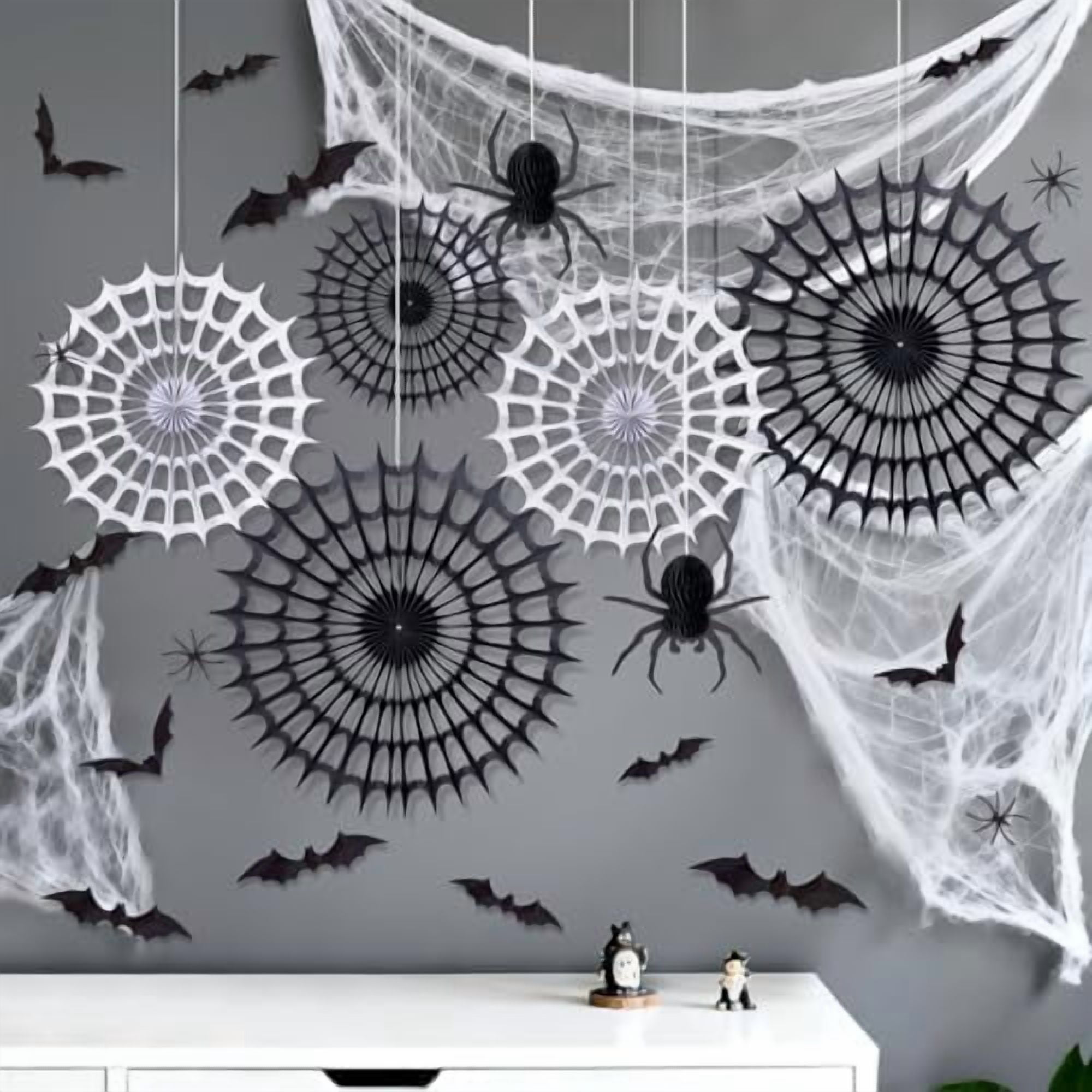 Halloween Decor Indoor, Spider Webs & Bats Wall Stickers, Paper Fans ...
