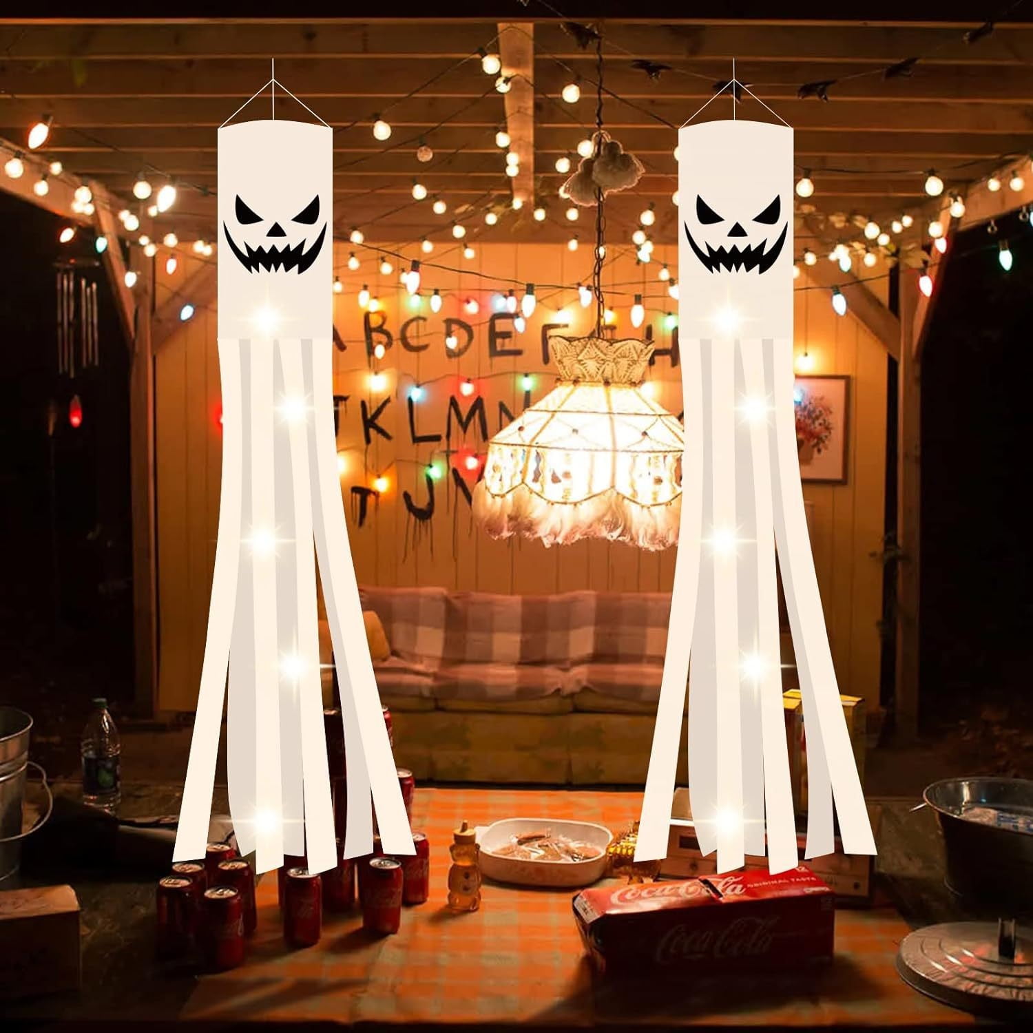 Halloween Decor Outdoor, Halloween Ghost Windsocks Flag with Lights, 3. ...