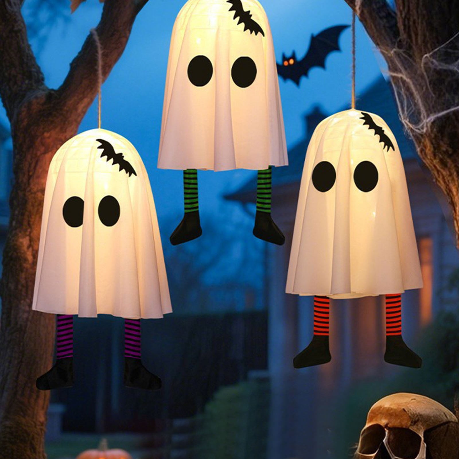 Halloween Decoration Hanging Ghost with Bat Accent and Striped Legs ...