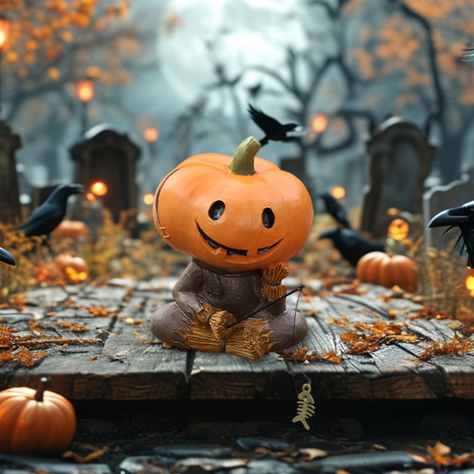Halloween Decoration Resin Pumpkin Head Statue with Fishing Rod, Fall ...