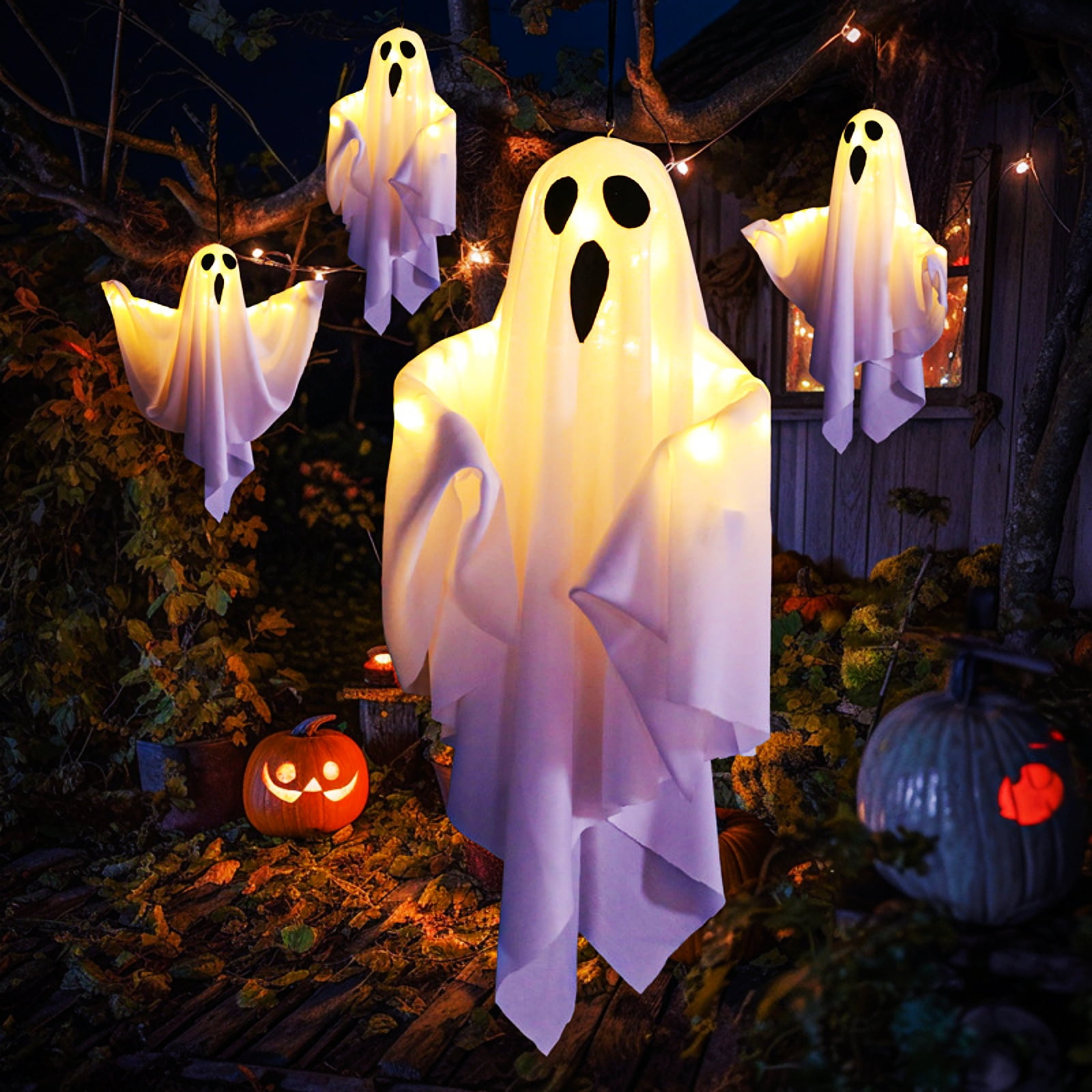 Halloween Decorations 19.6" Hanging Ghosts Light Up Kit Decor Warm LED ...