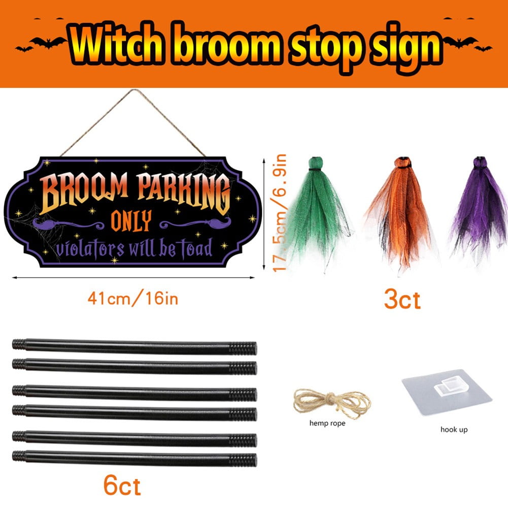 Halloween Decorations- Broom Parking Sign with 3 Wooden Witches Brooms ...