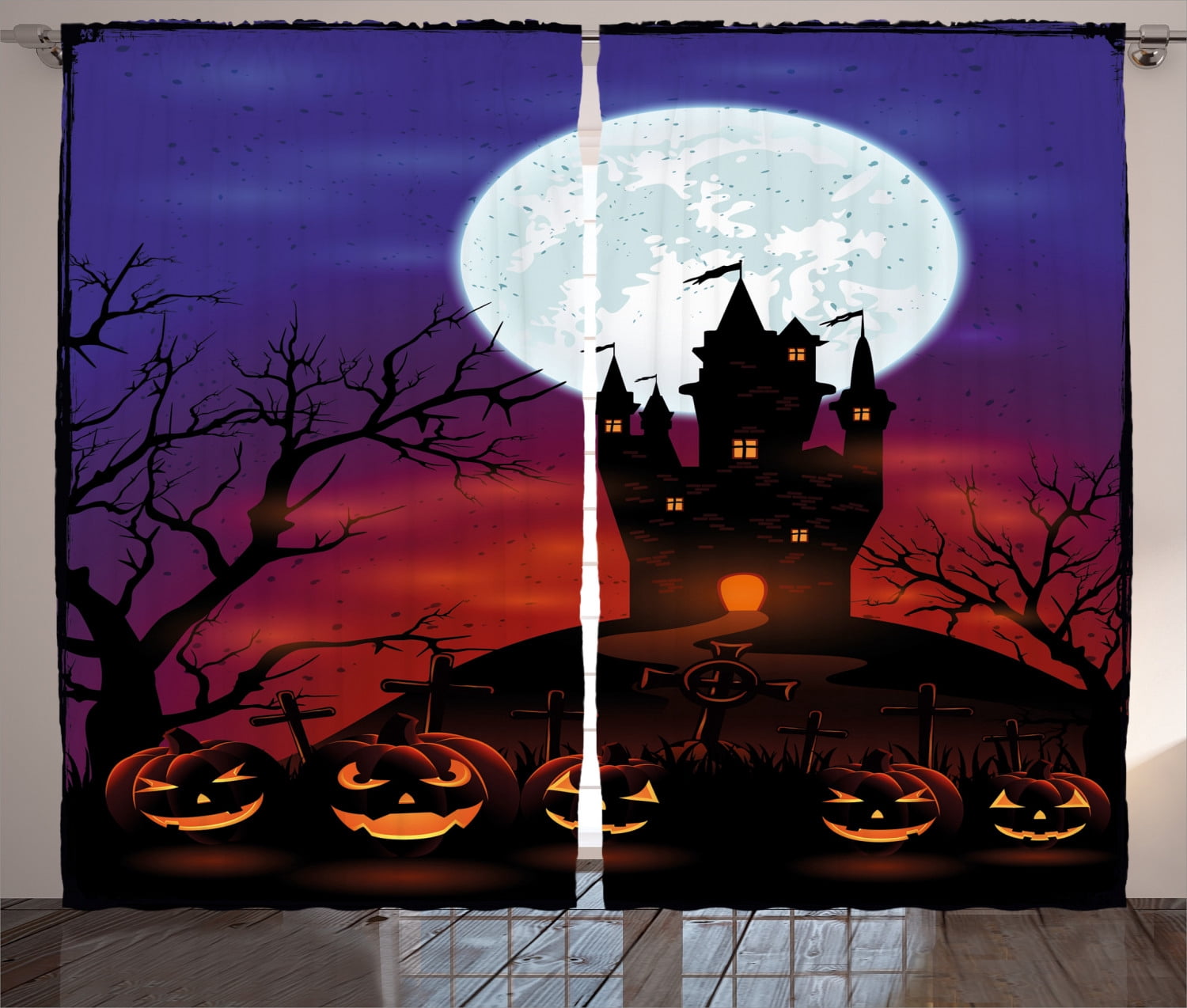 Ambesonne Halloween Curtains 2 Panel Set, Cartoonish Haunted Castle ...