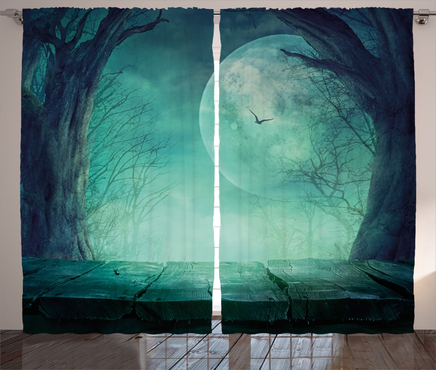 Ambesonne Teal Curtains 2 Panel Set, Spooky Forest Halloween, 108" x 90 ...