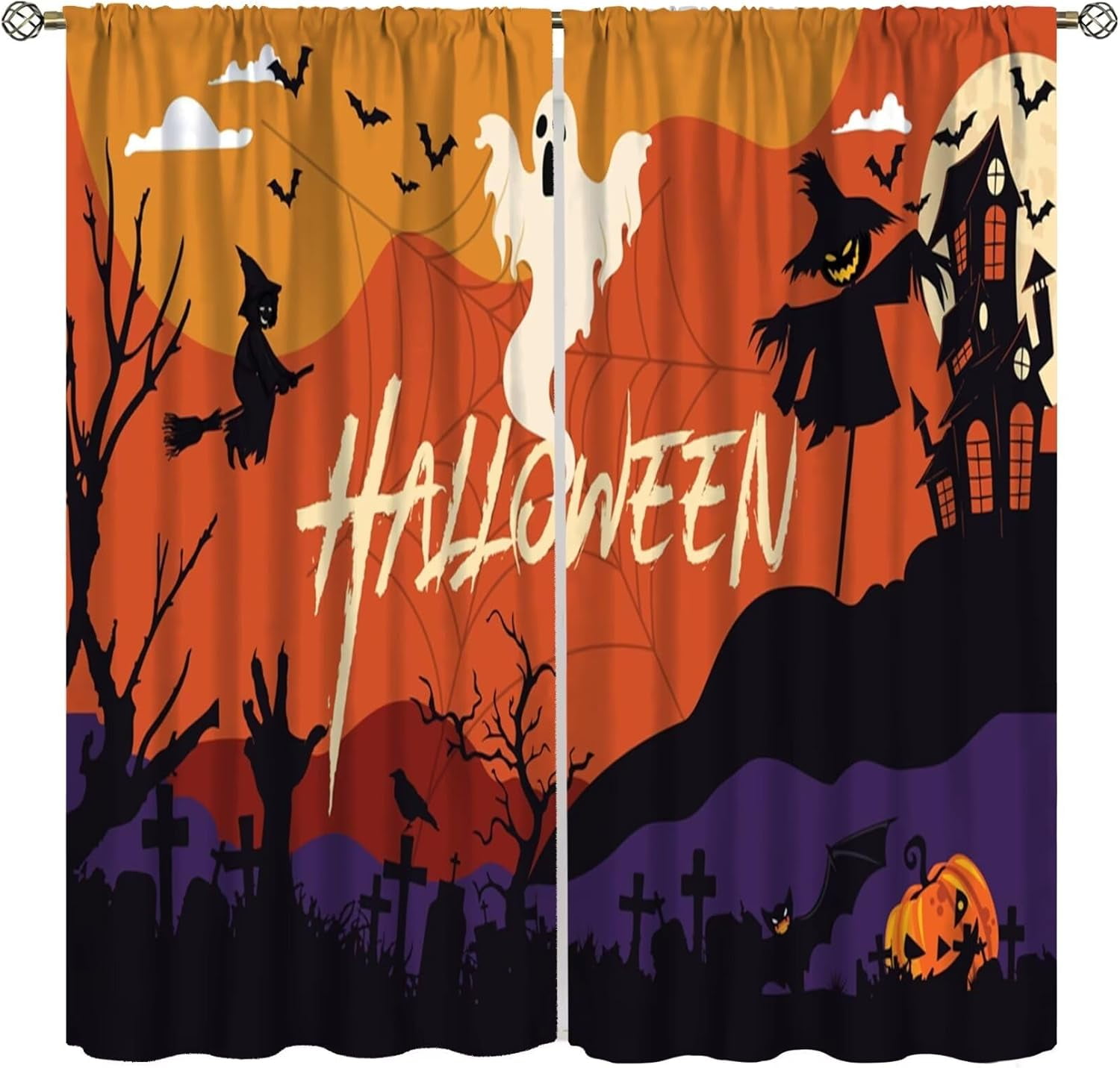 Halloween Decorations Curtains for Kids, Castle Bat Ghost Witch ...