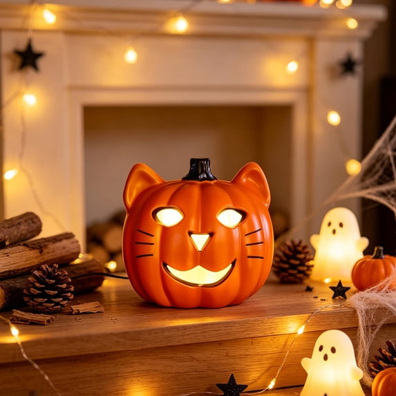 Halloween Decorations Cute Cats Pumpkin Led Light Up Ornament Battery