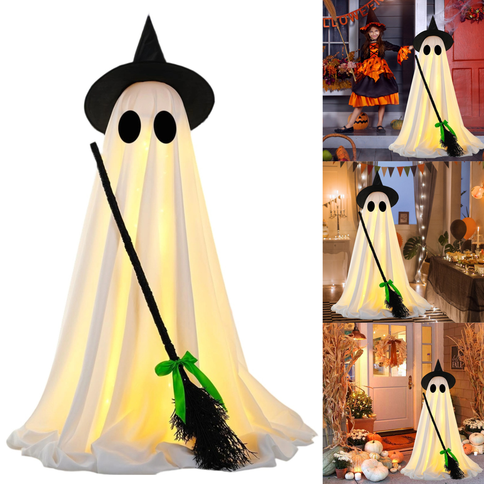 Halloween Decorations, Ghost With Led Lights & Witch Broom, Spooky ...
