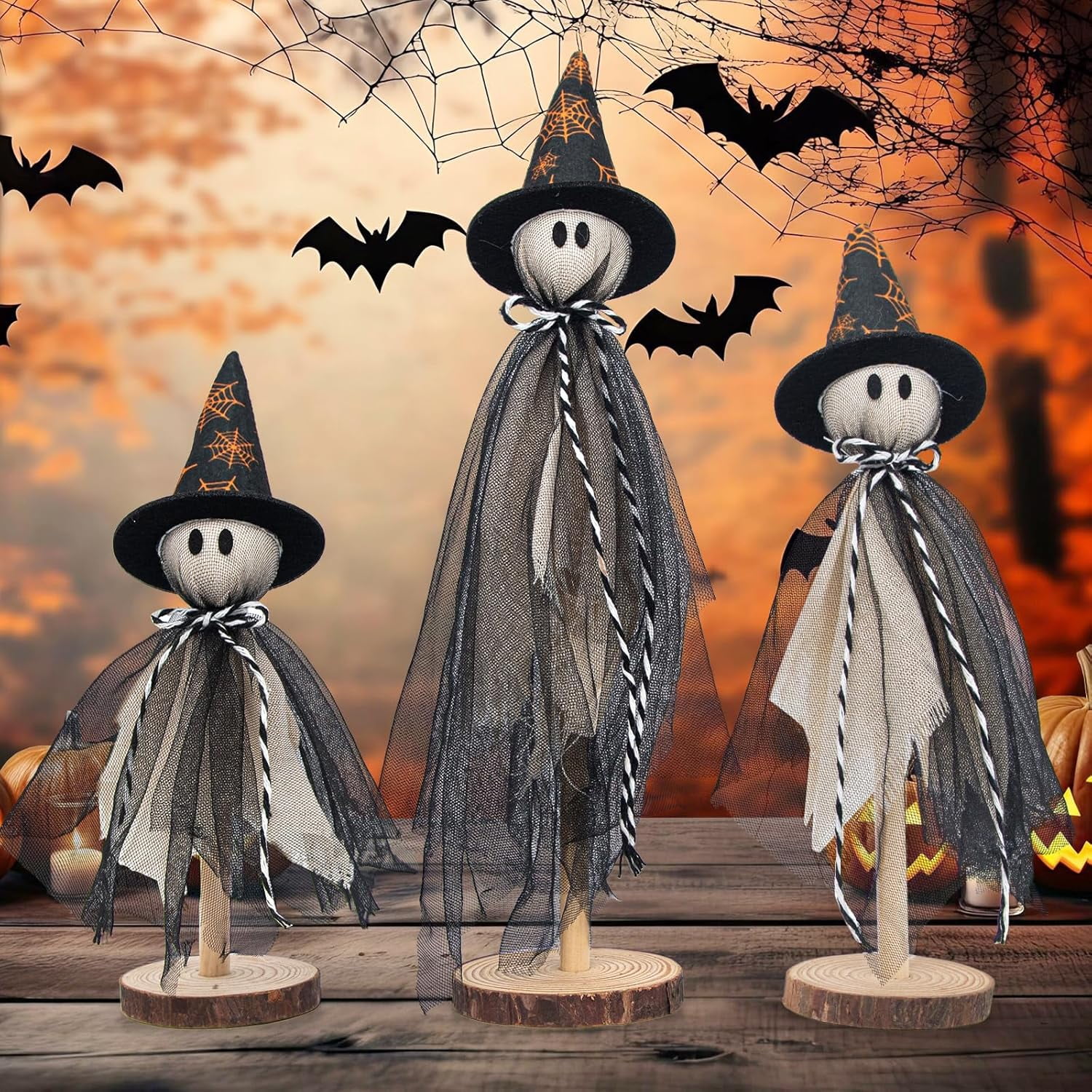 Halloween Decorations Ghost Shelf Sitters – Set of 3 Wooden Halloween ...