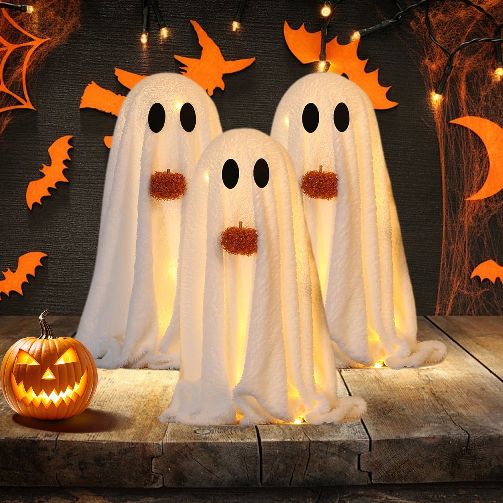 Halloween Decorations - Glowing Sherpa Ghost with Pumpkin Halloween ...