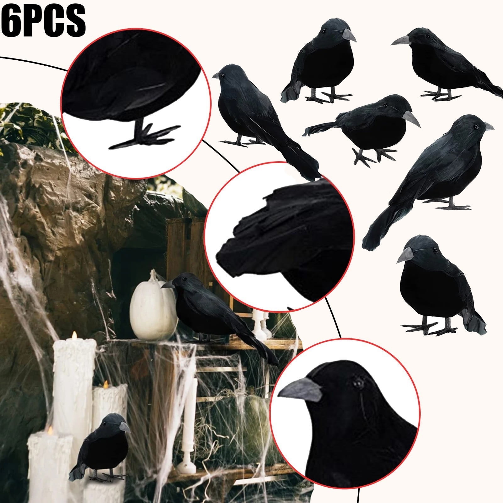 Halloween Decorations For Home 6 Pack Halloween Black Feathered Crows ...