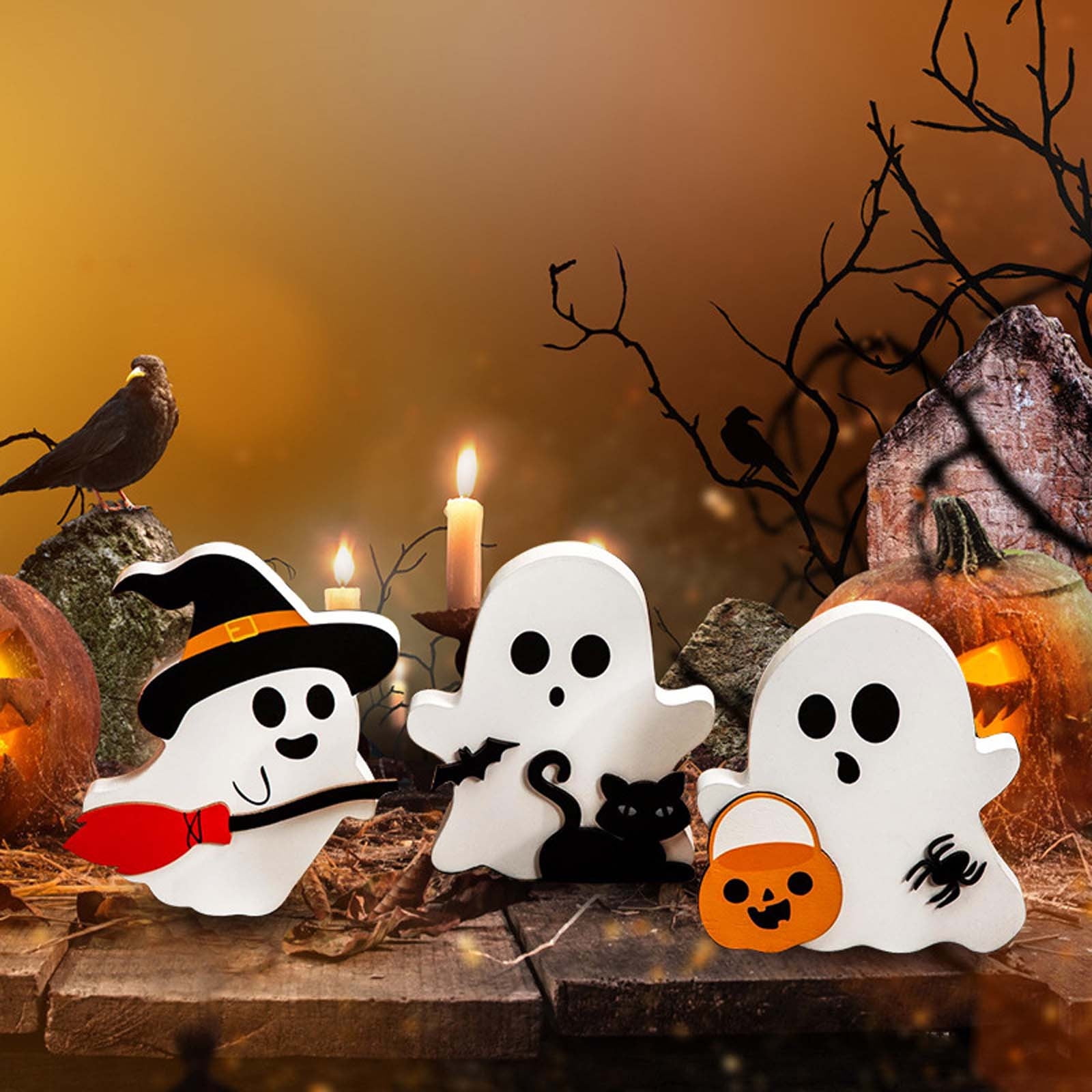 Halloween Decorations Indoor Cute Ghost Tray,3 PCS Wooden Tiered Tray ...