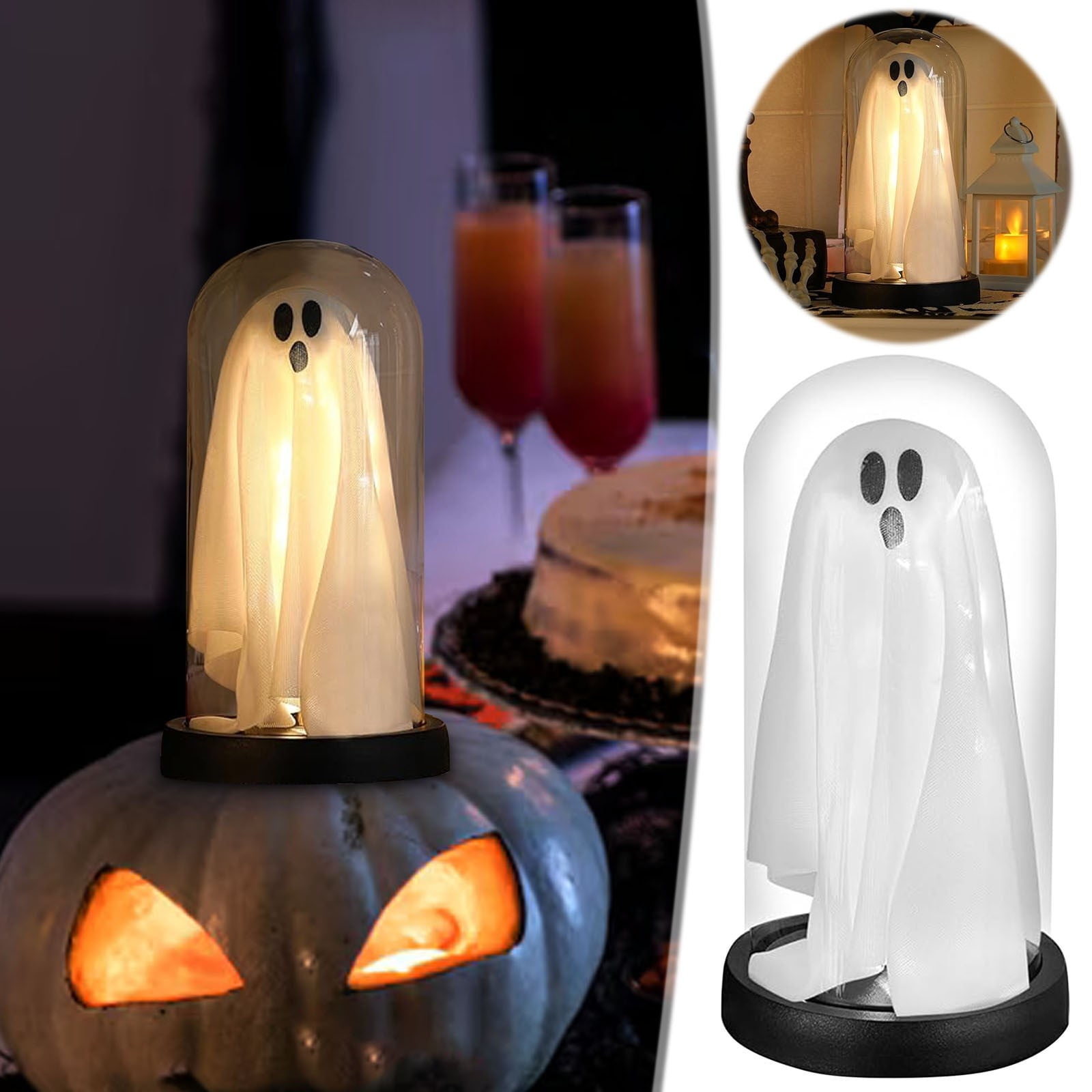 Halloween Decorations Indoor Light Up Ghost in Glass Cloche,Cute Ghost Light with Wood Base ...