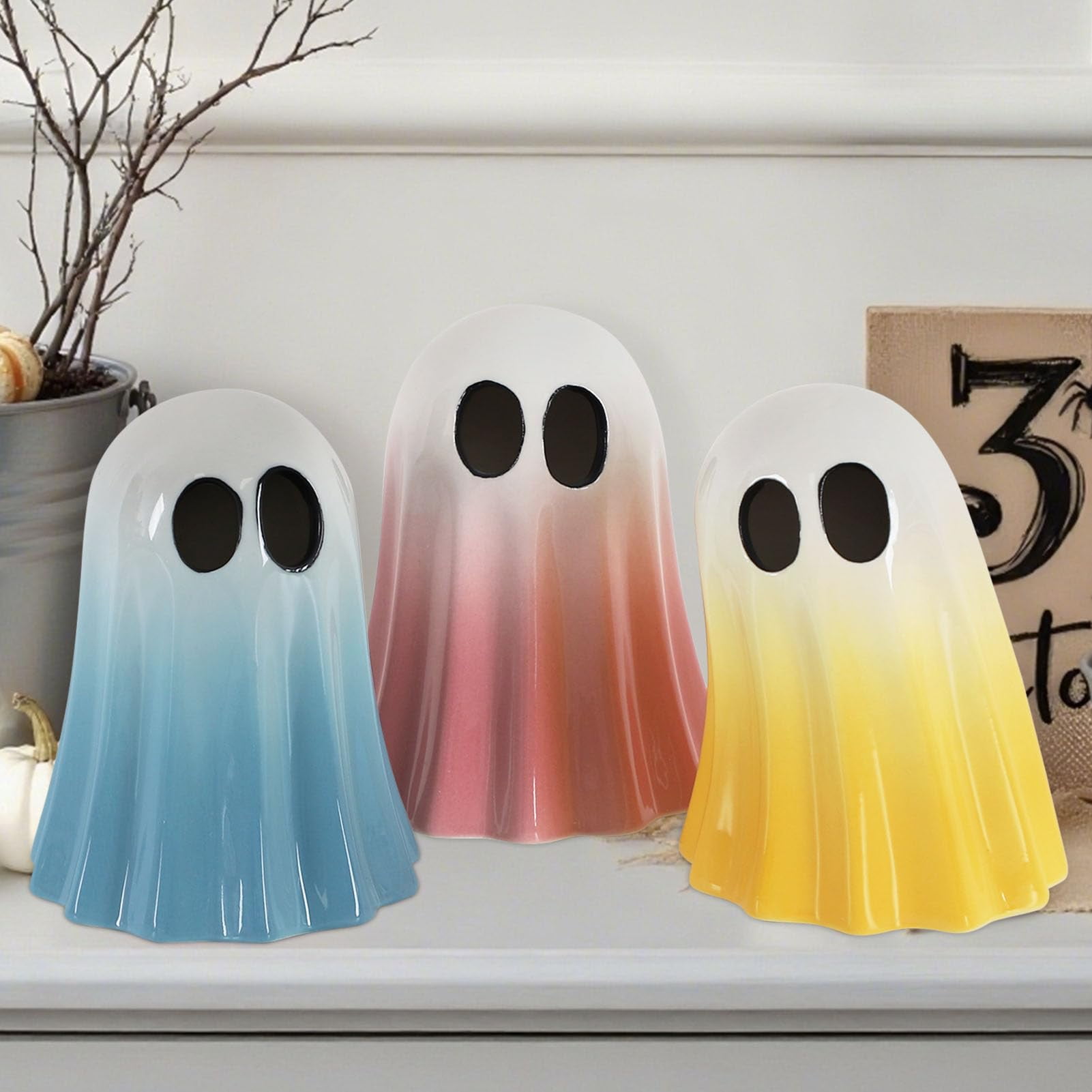 Halloween Decorations Indoor, Set of 3 Ceramic Ghosts with Witch Hats ...