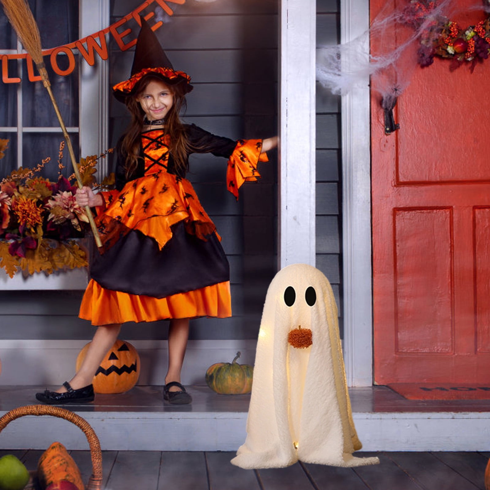 Halloween Decorations Light-Up Sherpa Ghost Decor with Pumpkin ...
