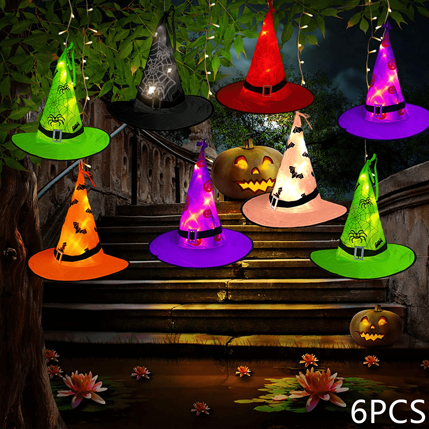 Halloween Decorations Lighted Witch Hats 6Pcs, Glowing Witch Hats 19ft ...