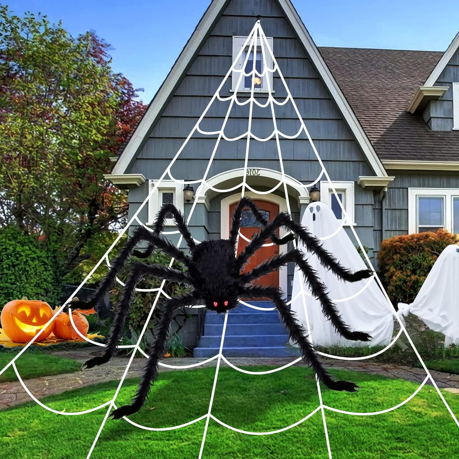 Halloween Decorations Outdoor 200'' Triangular Spider Web+47'' Giant ...