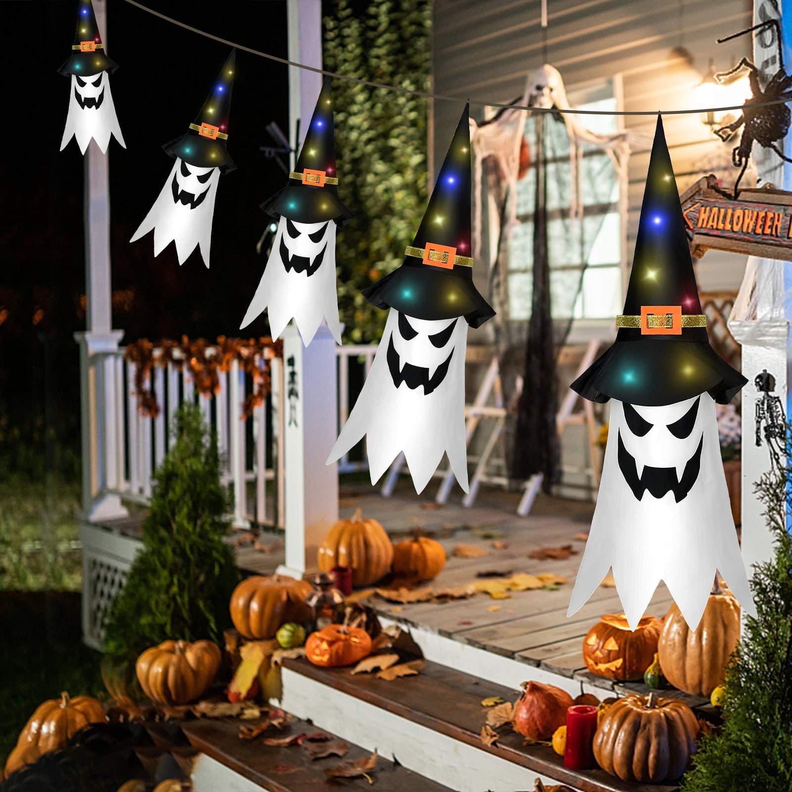 Outdoor Halloween Decorations: 5 Pack Glowing Ghost, Flying Witch Hat ...