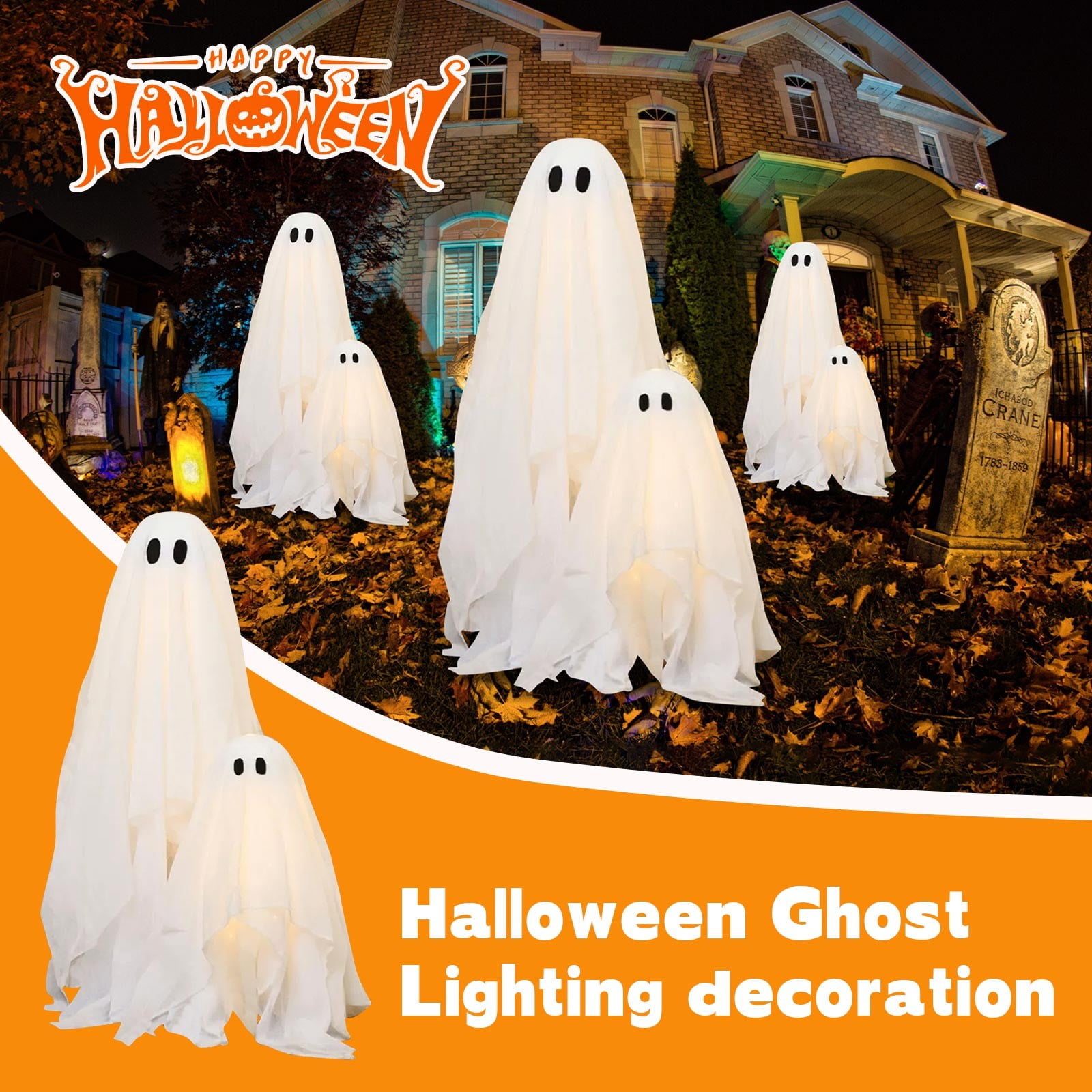Halloween Decorations Outdoor - Small & Medium Lit Ghost Set Light Up ...