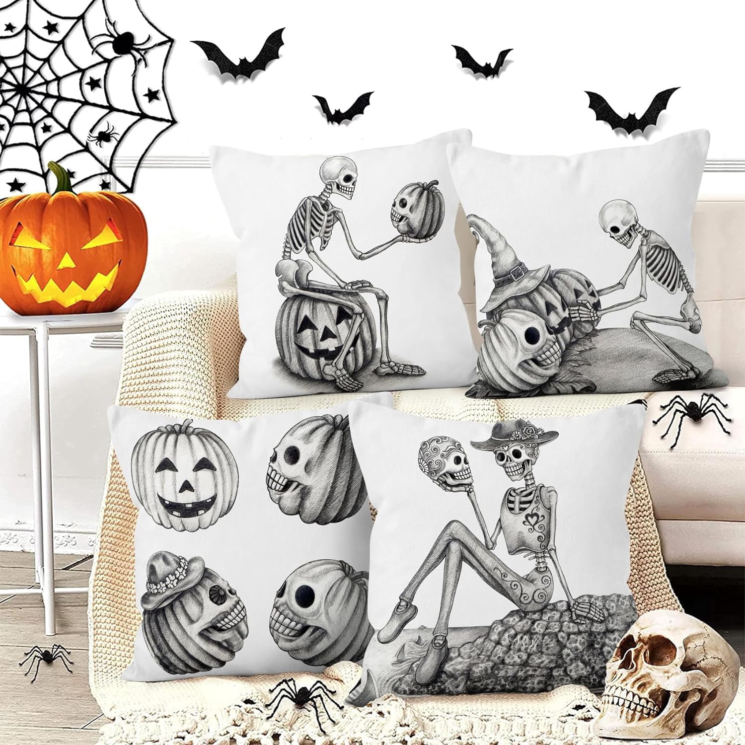 Halloween Decorations Pillow Covers 20x20 Set of 4, Skeleton Skull ...