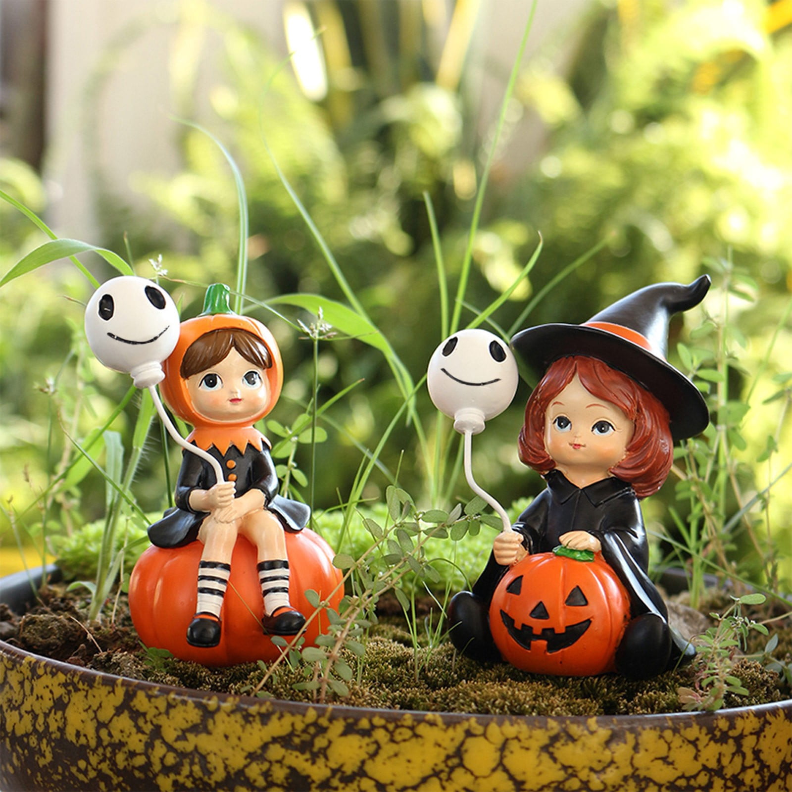 Halloween Decorations, Set of 2 Resin Witch Figurines Sitting on ...