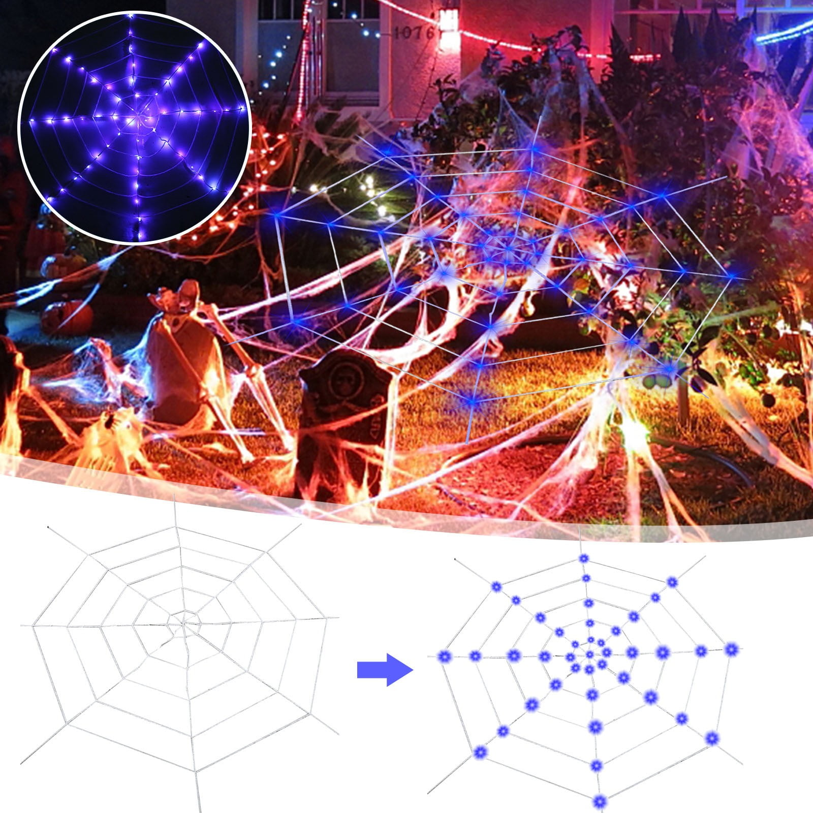 Halloween Decorations Spider Web Lights 120 Purple LED Light Up 12 FT ...