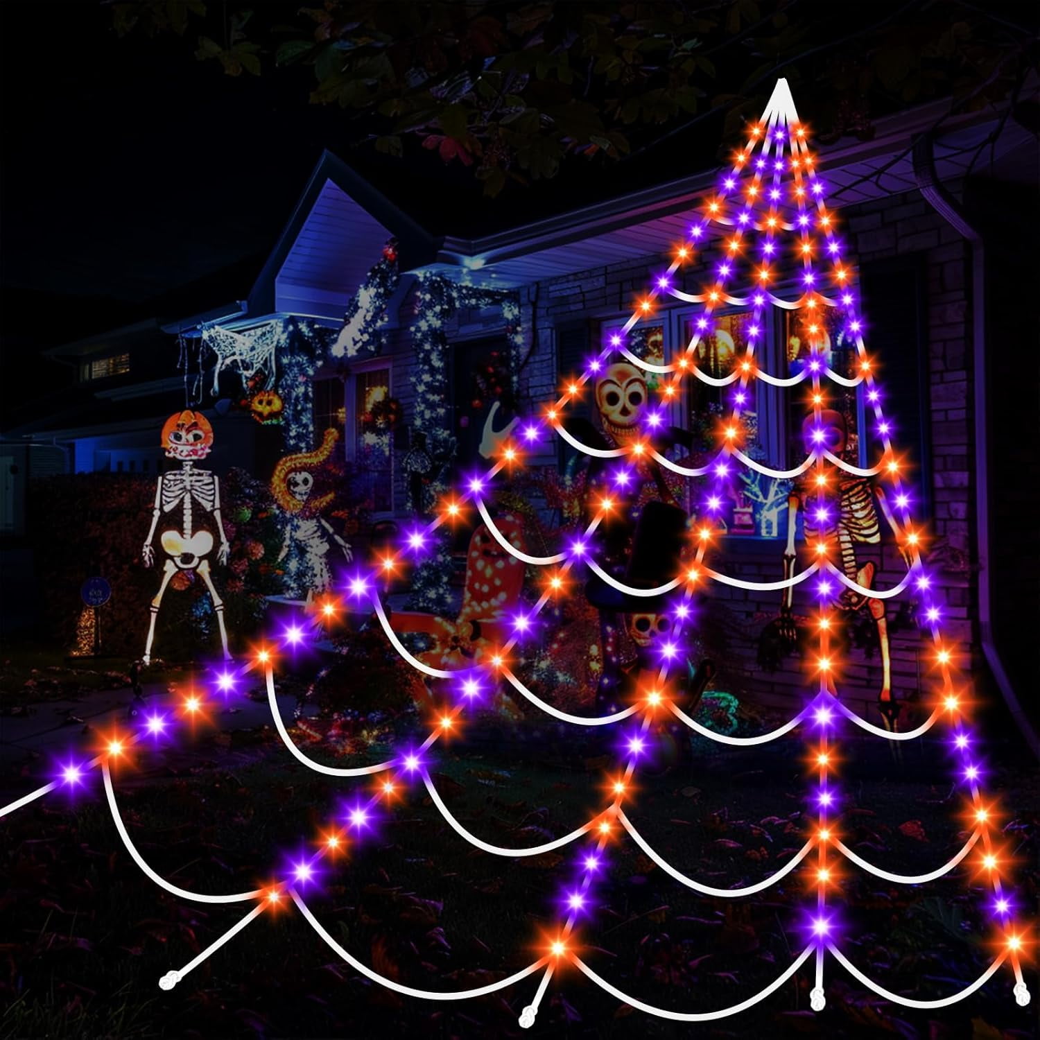 Halloween Decorations Spider Webs Lights: 200 Purple & Orange LED ...