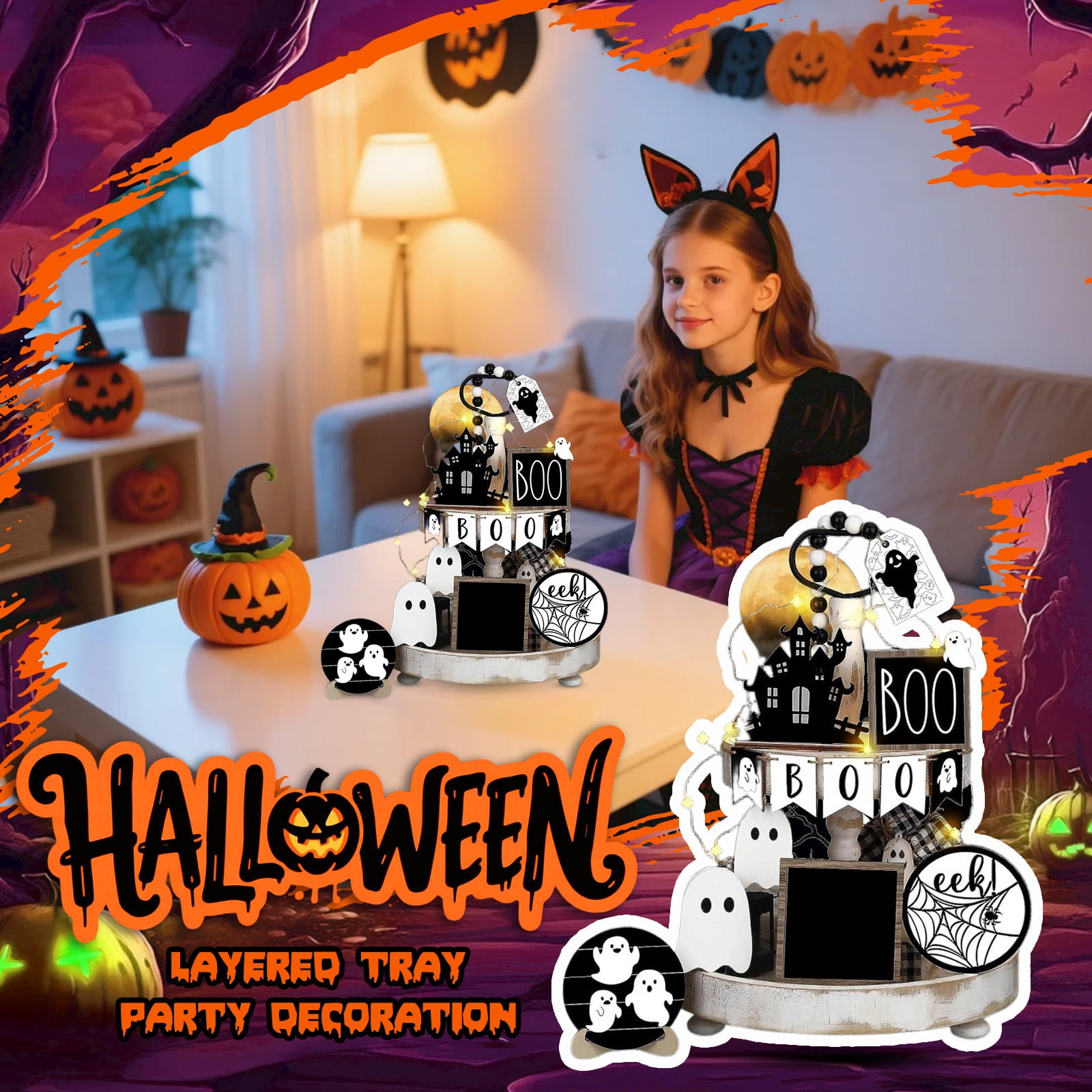 Halloween Decorations Tiered Tray Set - Cute Wooden Signs with Spider ...