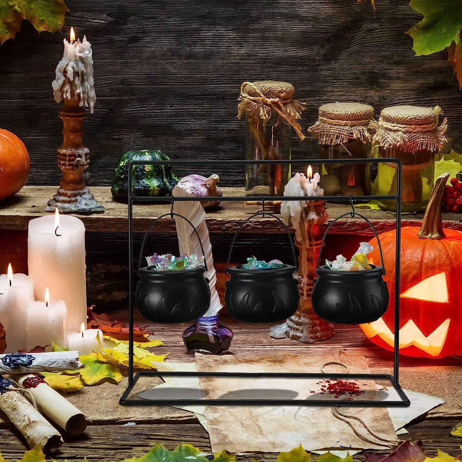 Halloween Decorations - Witches Cauldron Candy Serving Bowls on Rack ...