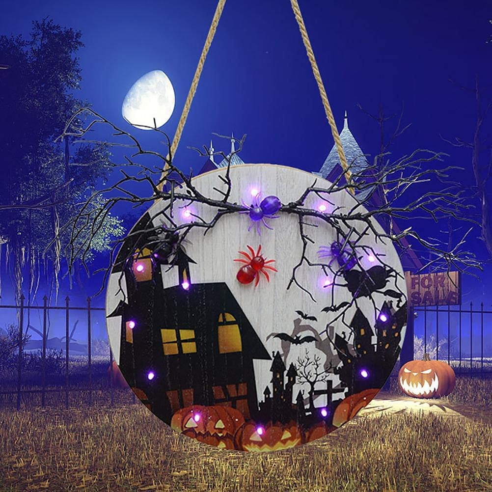 Halloween Decorative Hanging Sign - LED Light Ghost Spider Wood Wall ...