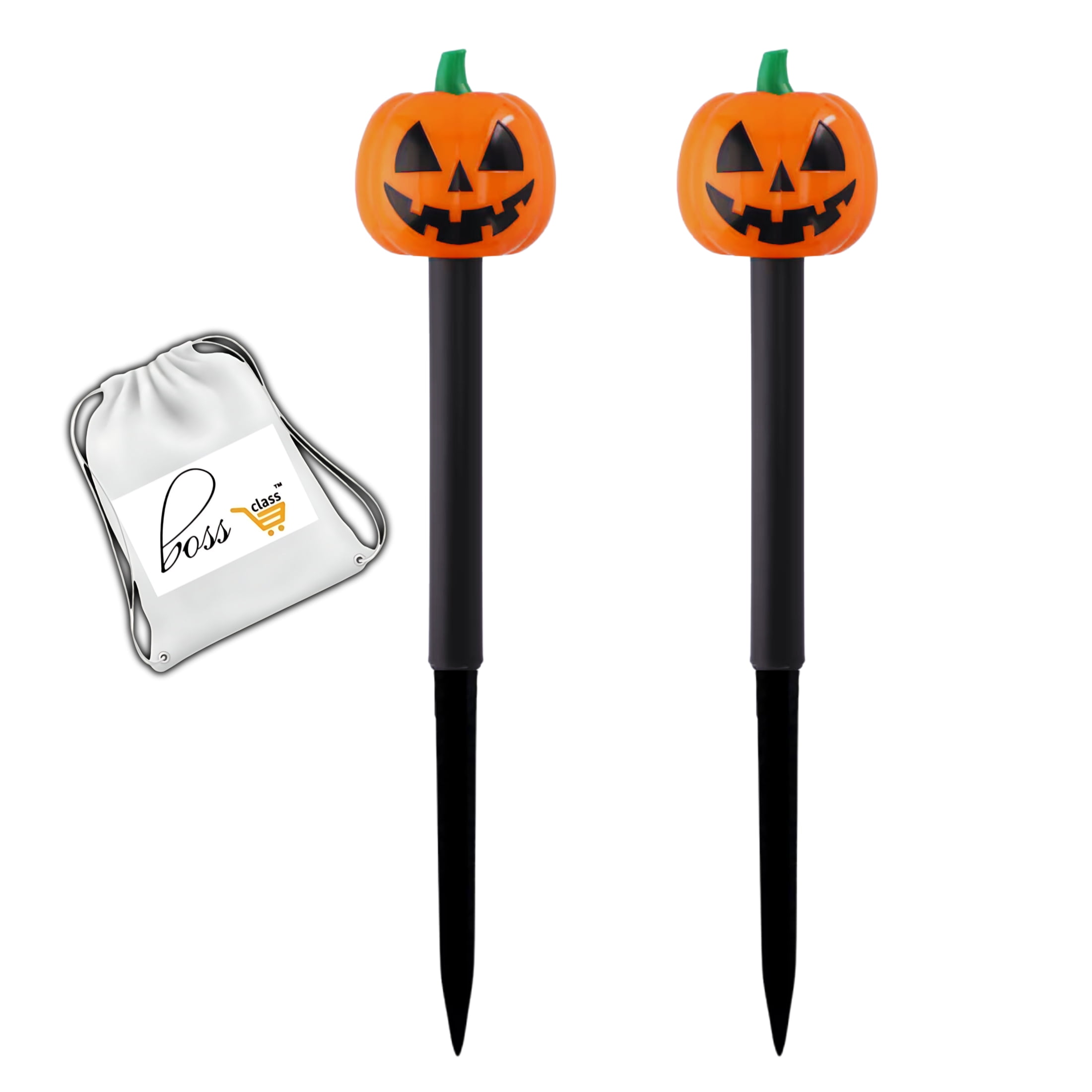 (2) Halloween Solar LED Pumpkin Stake Lights, 13in Easy Install Plastic ...