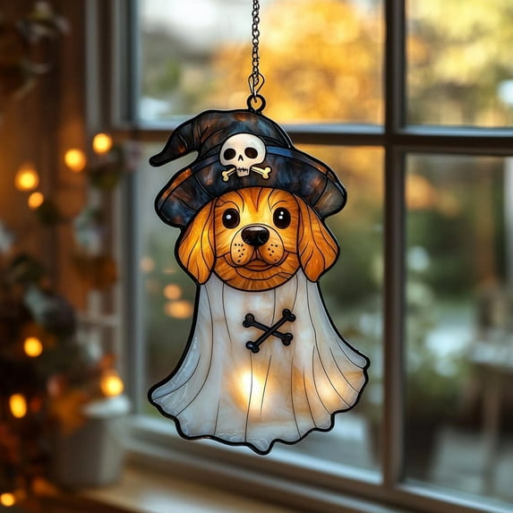 Halloween Dog Acrylic Suncatcher, Ghost Puppy Faux Stained Glass Window ...