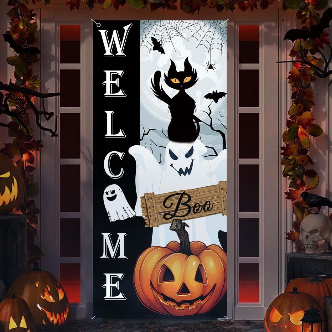 Halloween Door Cover Decorations: Black Cat Welcome Door Banner for ...