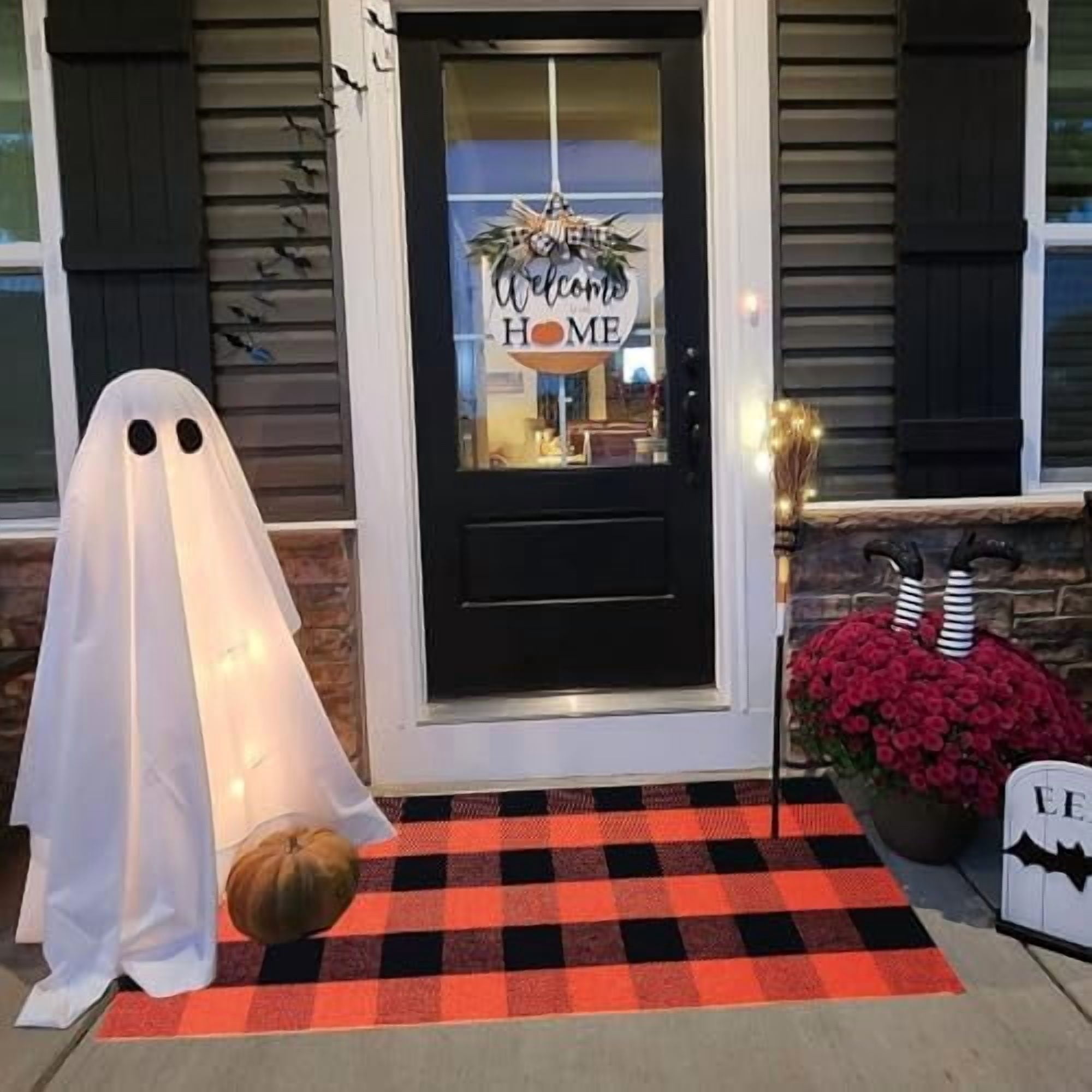 Halloween Door Mat Orange Buffalo Plaid Outdoor Rug Cotton Hand-Woven ...