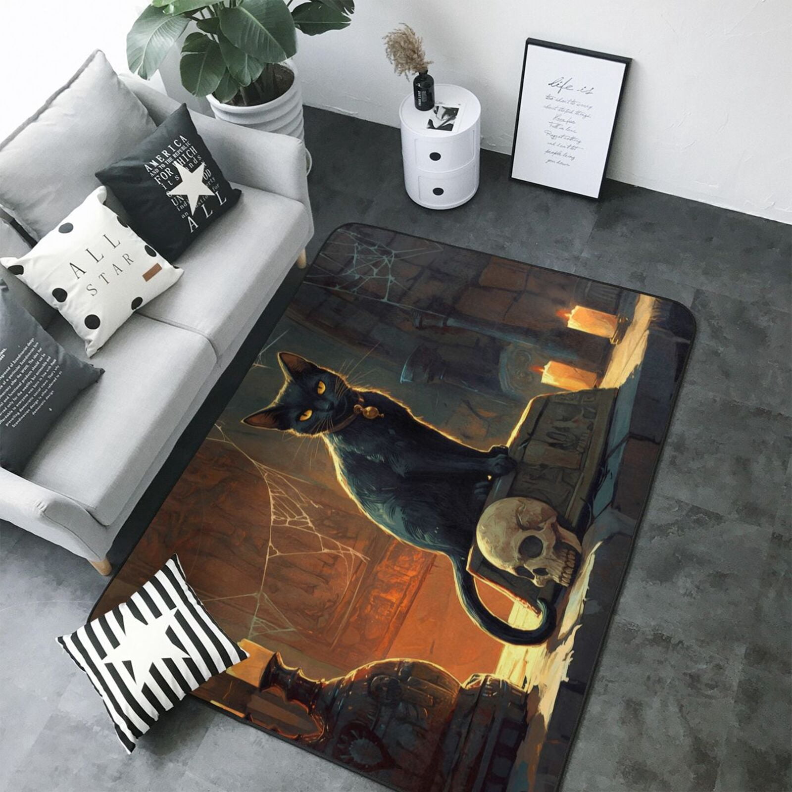 Halloween Door Mat, Halloween Skull Black Cat Vintage Indoor Door Mat ...